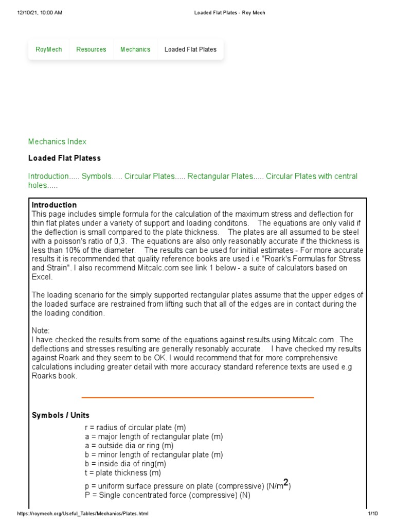 Loaded Flat Plates - Roy Mech | PDF | Stress (Mechanics) | Young's Modulus