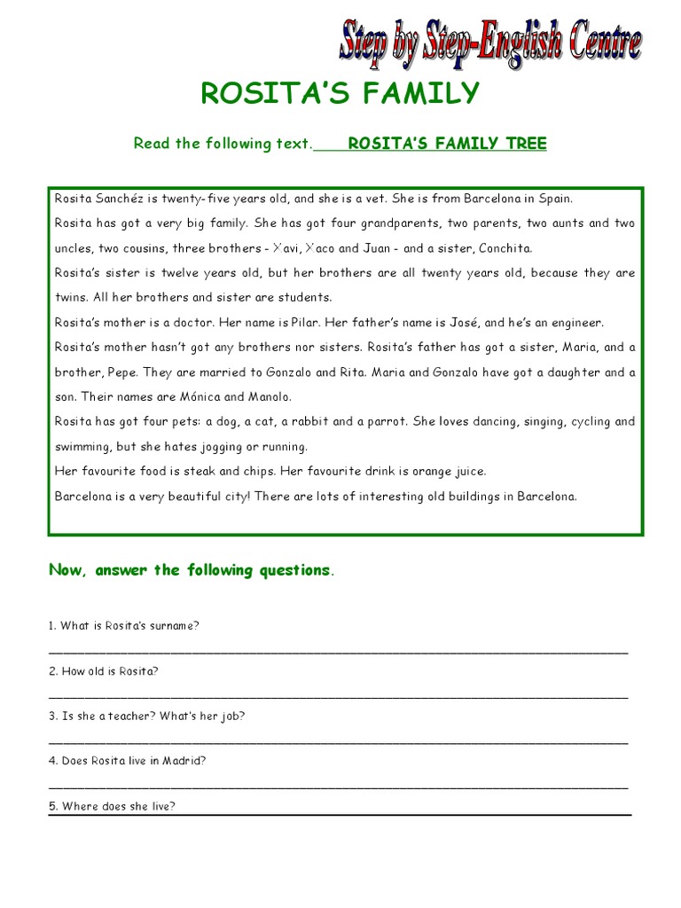 ROSITA'S FAMILY - Comprehension Exercises With FAMILY - HAVE GOT - TO ...