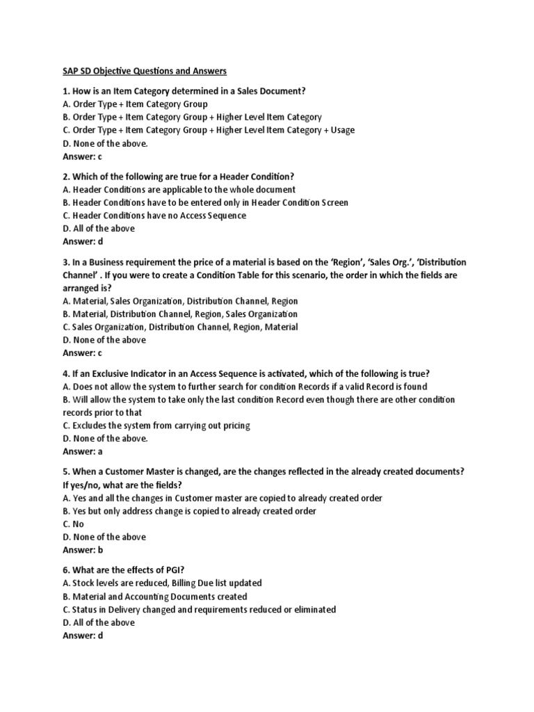 SAP SD Objective Questions and Answers | PDF | Pricing | Delivery ...