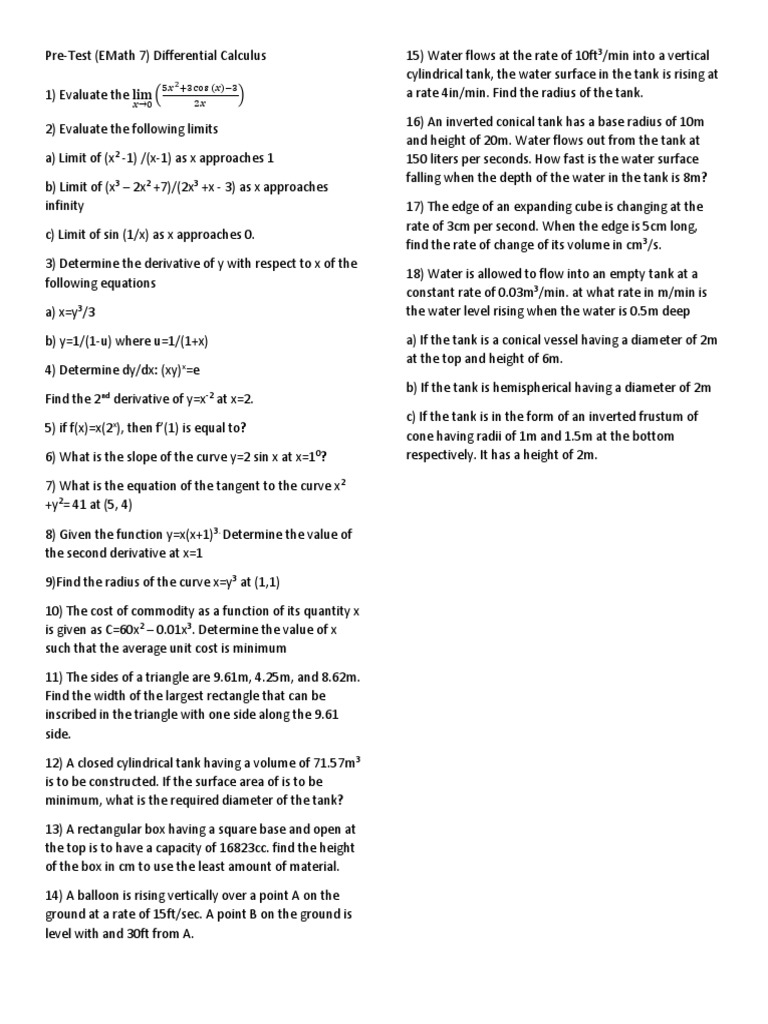 Pre-Test (EMath 7) Differential Calculus Practice Problems | PDF ...