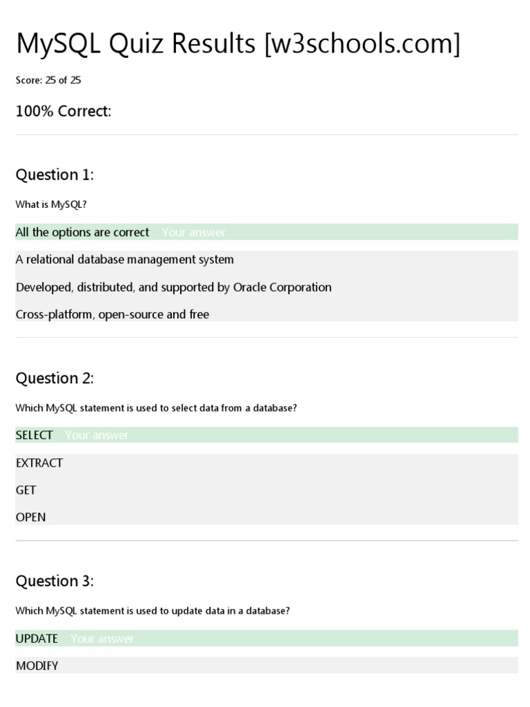 MySQL Quiz Results1 | PDF | Software Development | Software