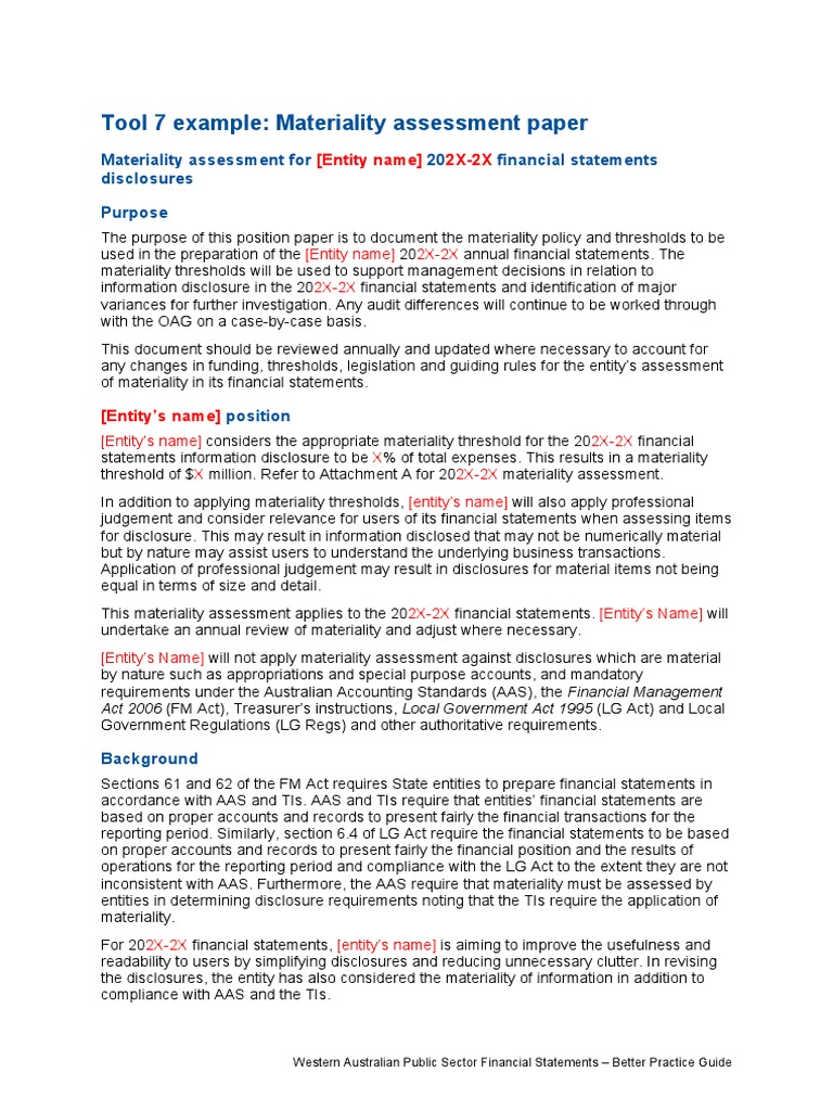 Tool 7 Template Materiality Assessment Paper | PDF | Audit | Financial ...