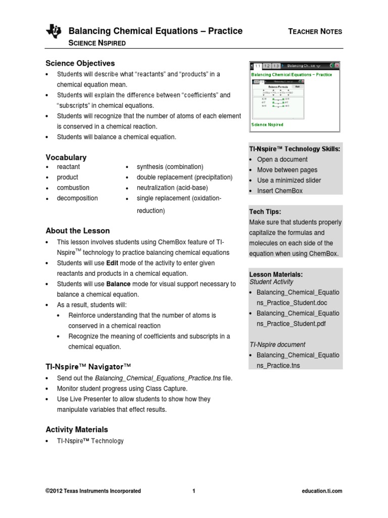 Balancing Chemical Equations Practice Teacher | PDF | Chemistry | Chlorine