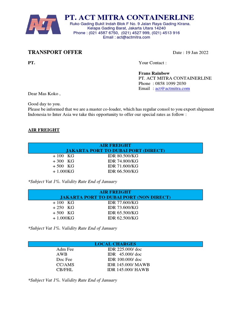 Quotation Air Export | PDF | Jakarta | Transport