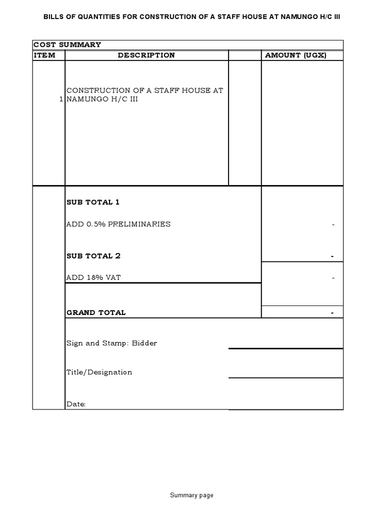 1 Construction of A Staff House at Namungo H/C Iii: Cost Summary Item ...