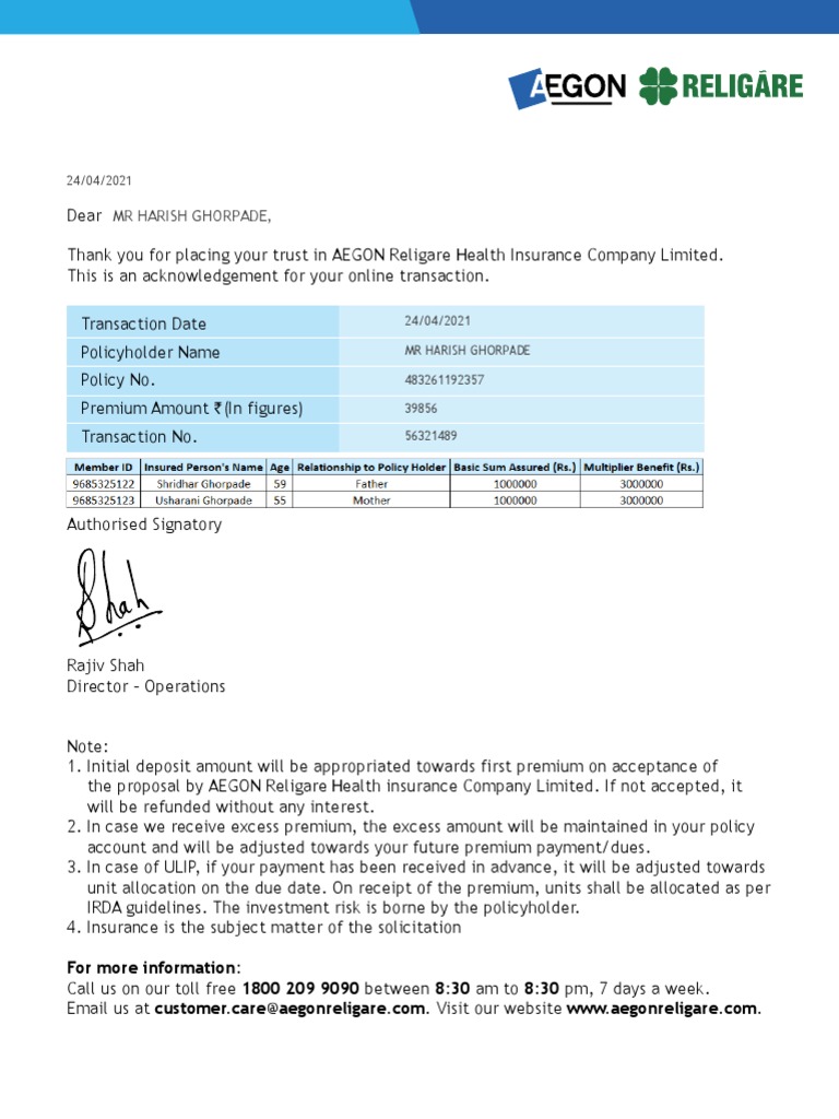 Religare Health Insurance - Parents | PDF | Finance & Money Management