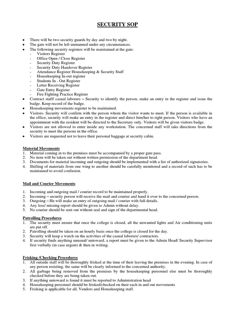 Security Sop: Material Movements | PDF | Emergency | Security Guard