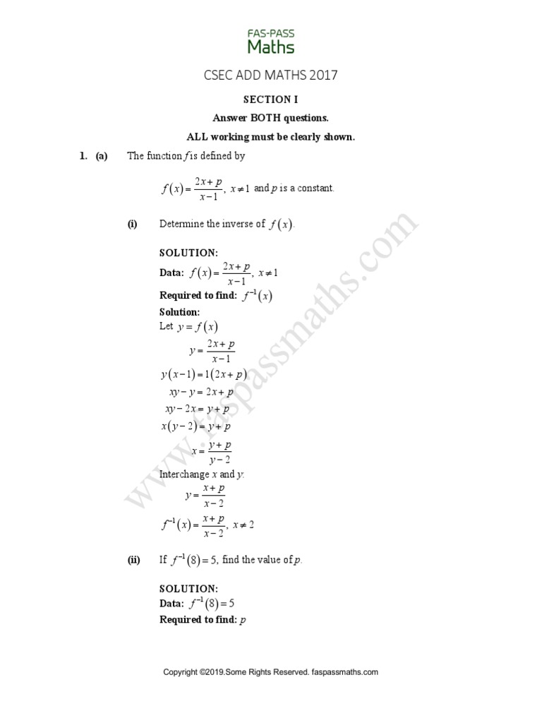 Csec Add Maths 2017: Section I Answer BOTH Questions. ALL Working Must ...