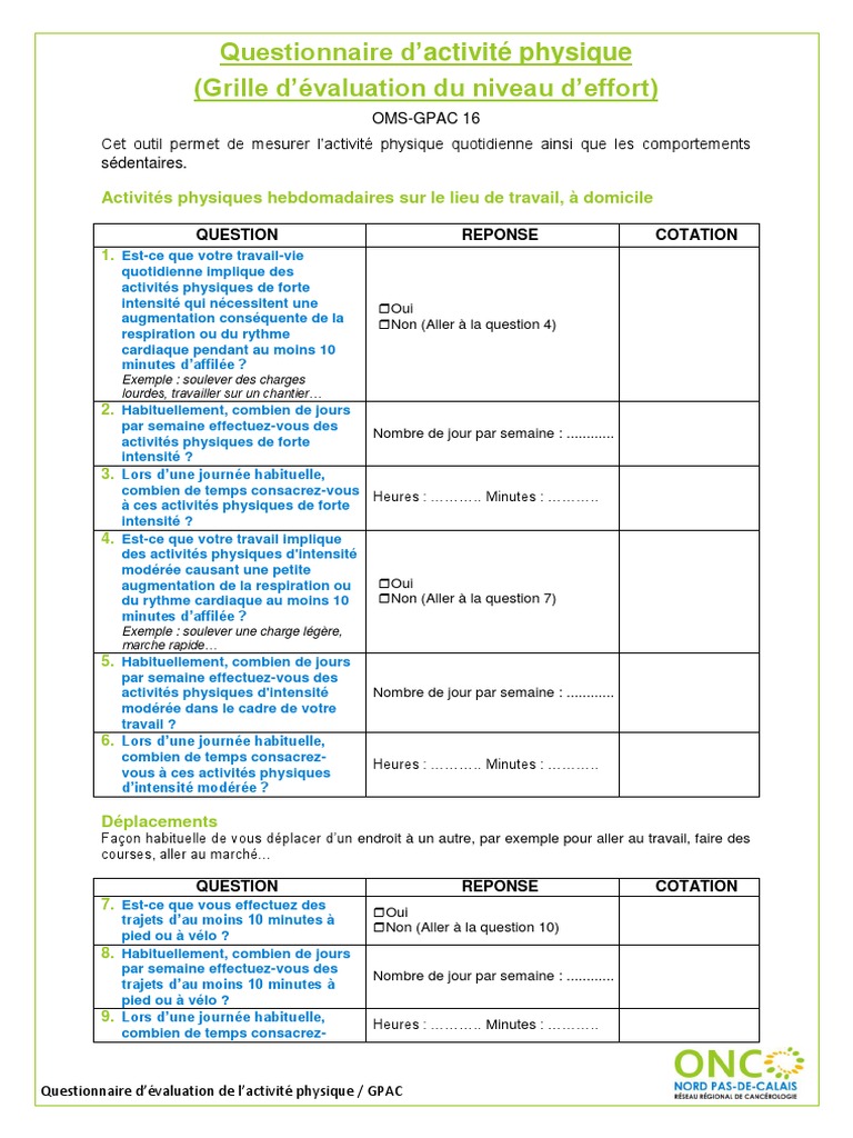 Questionnaire D'activité Physique (Grille D'évaluation Du Niveau D'effort) | PDF
