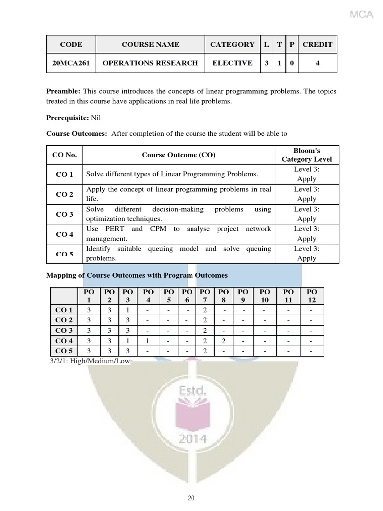 Operations Research Elective 3 1 0 4: 3/2/1: High/Medium/Low | PDF ...