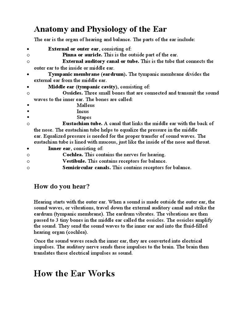 Anatomy and Physiology of The Ear | PDF | Ear | Hearing