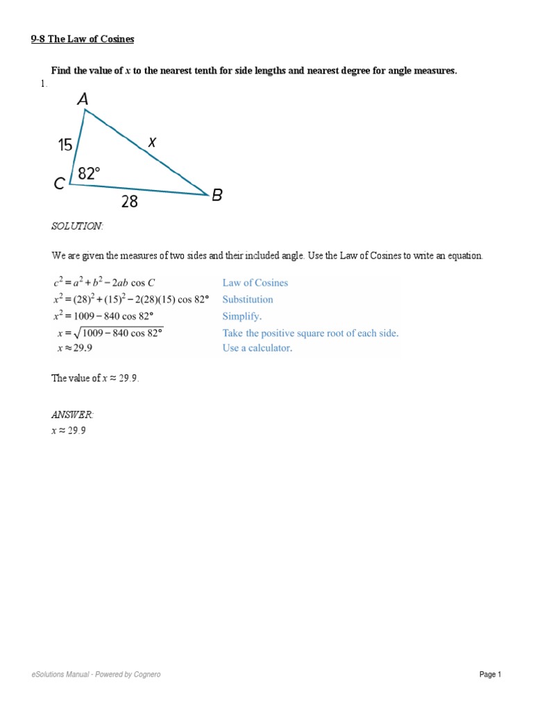 9-8 The Law of Cosines: Solution | PDF | Trigonometric Functions | Triangle