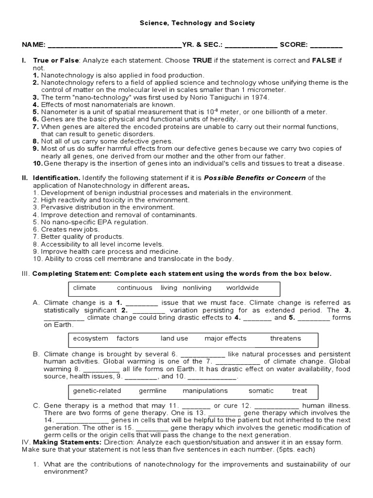 STS Exam With Answer Key | PDF | Gene Therapy | Nanotechnology