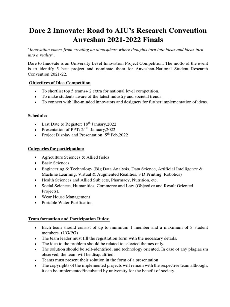 Dare 2 Innovate: Road To AIU's Research Convention Anveshan 2021-2022 ...