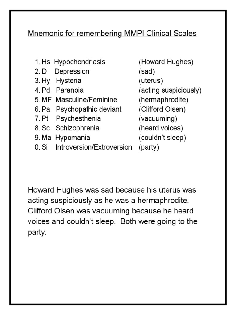 Mnemonic For Remembering MMPI Clinical Scales | PDF