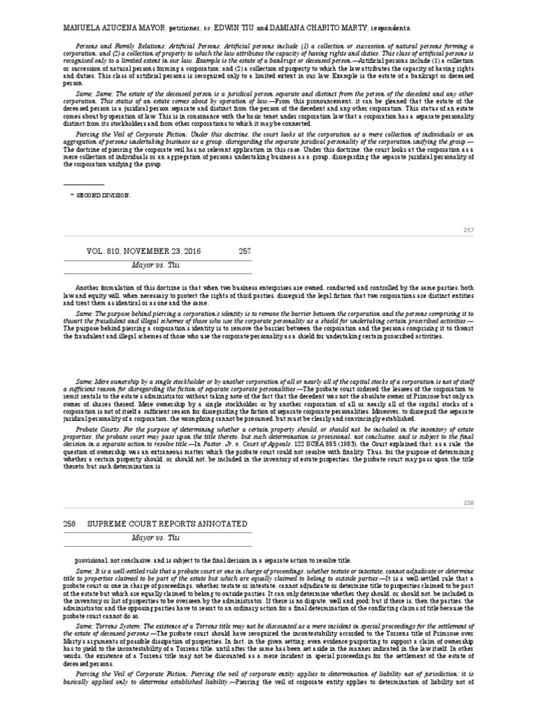 53.) MAYOR Vs TIU | PDF | Probate | Corporations