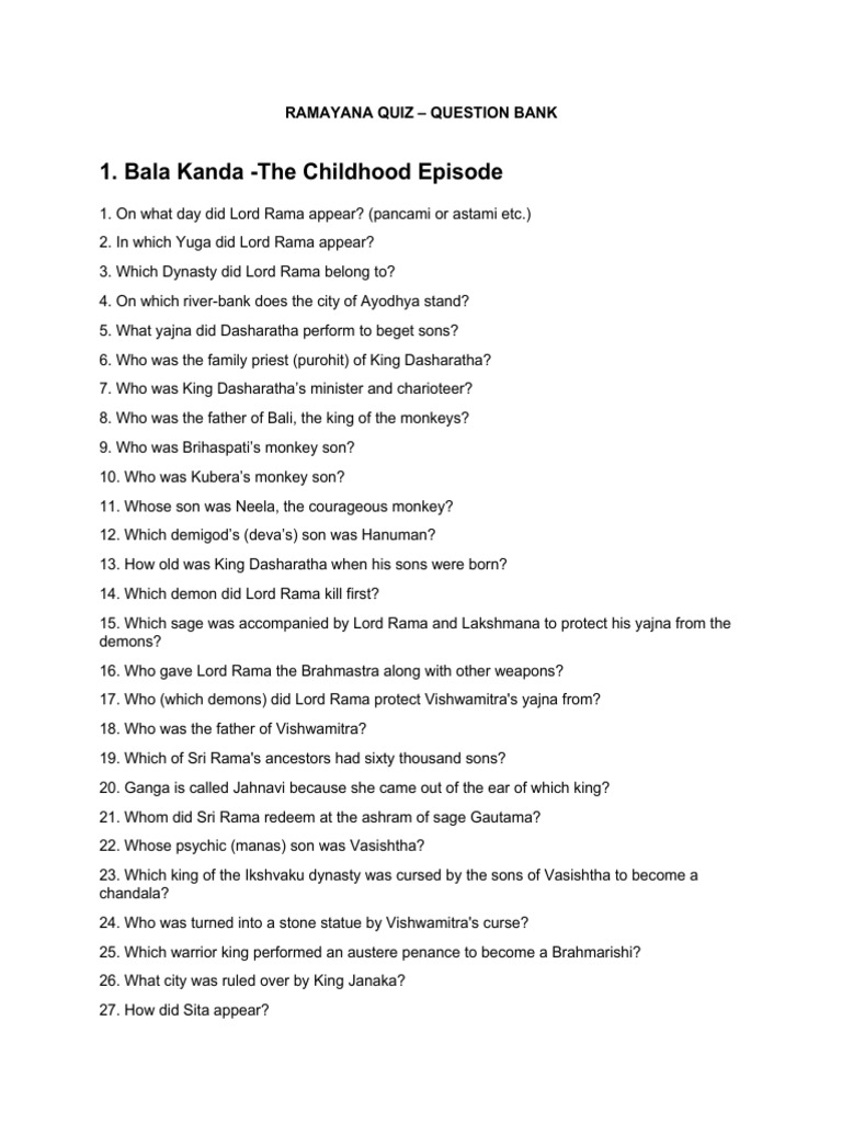 Ramayana Quiz Question Bank | PDF | Ramayana | Sita