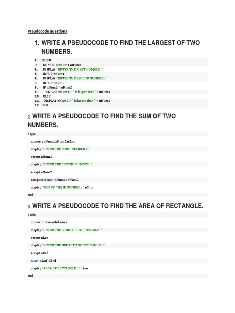 Write A Pseudocode To Find The Largest of Two Numbers | PDF | Area ...