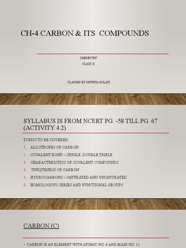 Ch-4 Carbon & Its Compounds: Chemistry Class X | PDF | Carbon ...