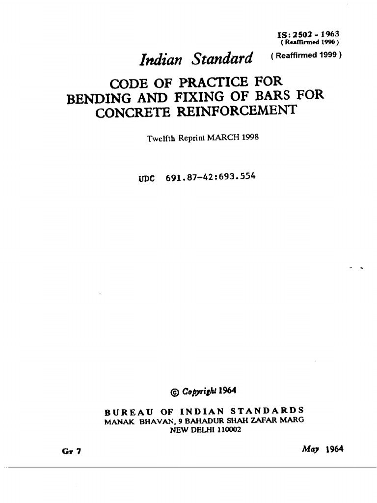 Is 2502-1963 - Code of Practice For Bending and Fixing of Bars For ...