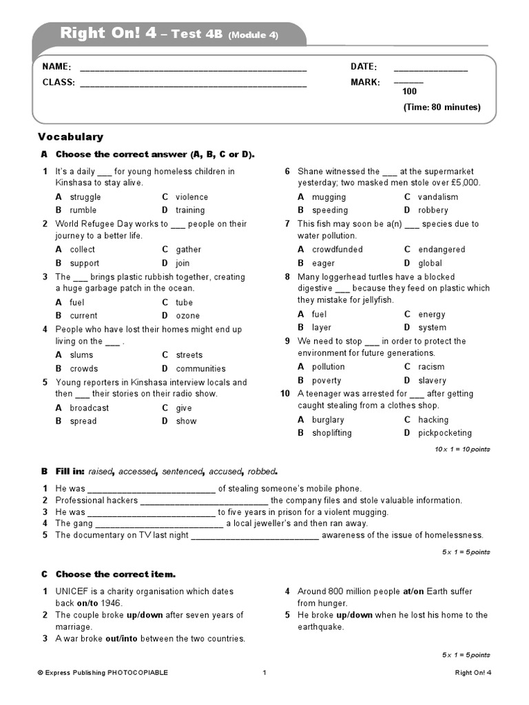 Right On! 4: - Test 4B | PDF | Orphanage | Democratic Republic Of The Congo