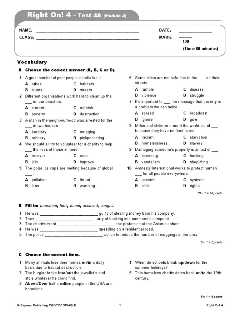 Right On! 4: - Test 4A | PDF | Poverty | Poverty & Homelessness