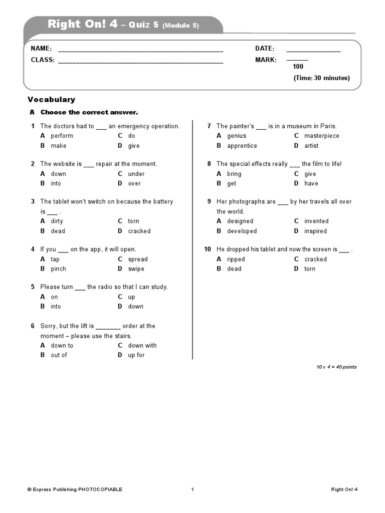 Right On! 4: - Quiz 5 | PDF