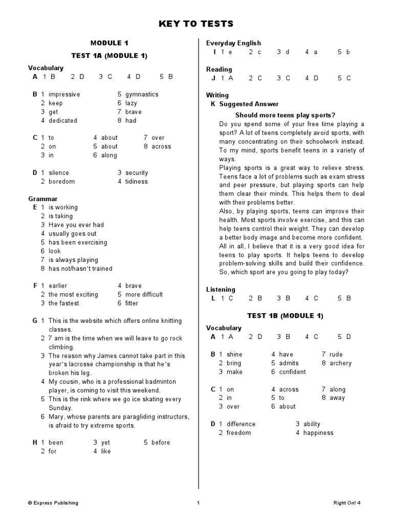 27 Right On 4 Tests KEY | PDF | Adolescence | Sports