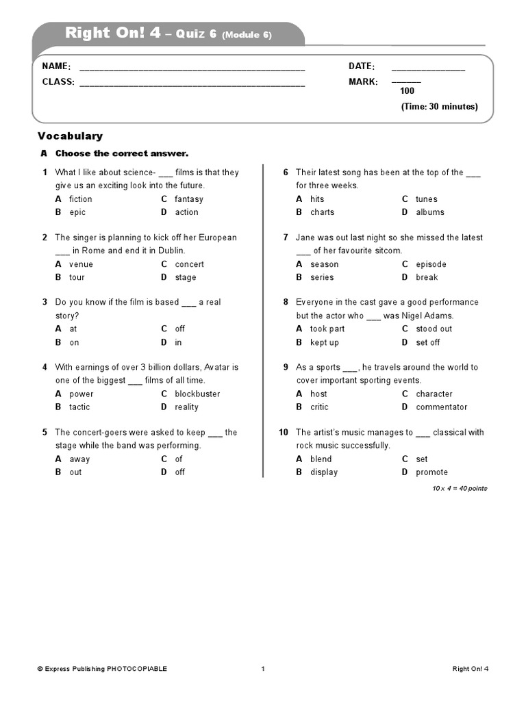 Right On! 4: - Quiz 6 | PDF