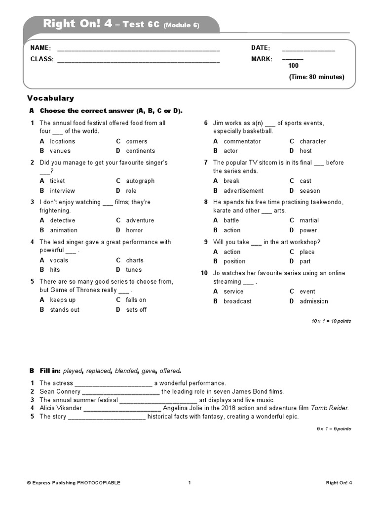 Right On! 4: - Test 6C | PDF