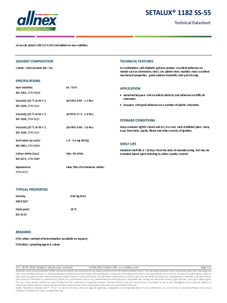 SETALUX® 1182 SS-55: Solvent Composition Technical Features | PDF ...