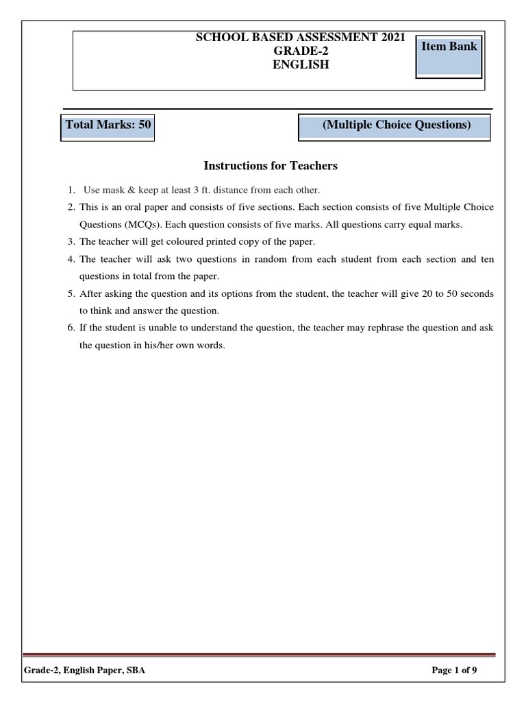 School Based Assessment 2021 Grade-2 English Item Bank: Use Mask & Keep ...