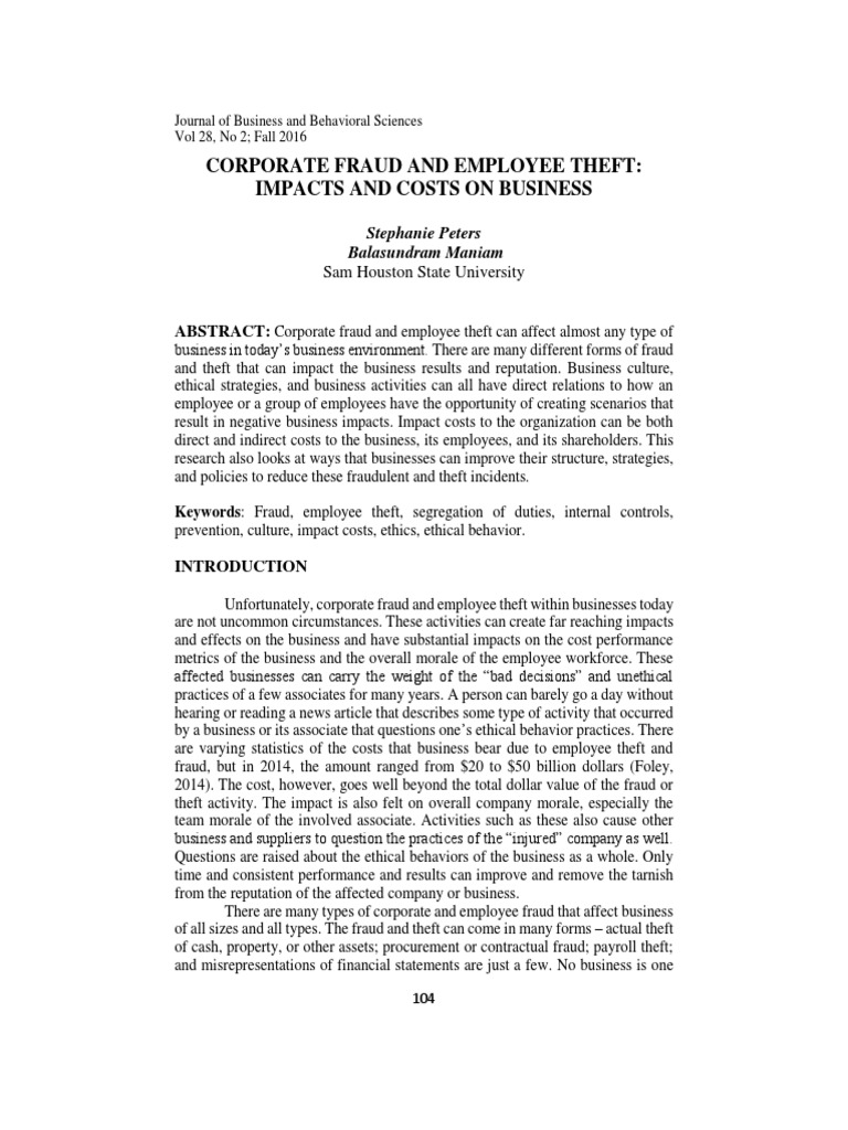 Corporate Fraud and Employee Theft: Impacts and Costs On Business | PDF ...