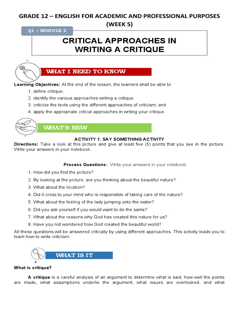 Critical Approaches in Writing A Critique: Grade 12 - English For ...