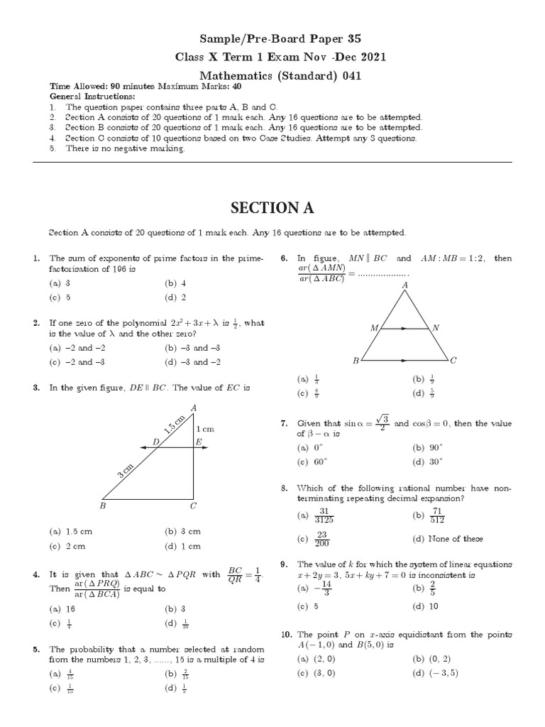 Section A: Sample/Pre-Board Paper 3 5 Class X Term 1 Exam Nov - Dec 2021 Mathematics (Standard ...
