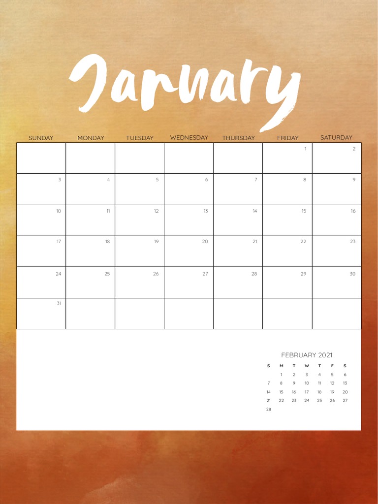 January: Sunday Monday Tuesday Wednesday Thursday Friday Saturday | PDF