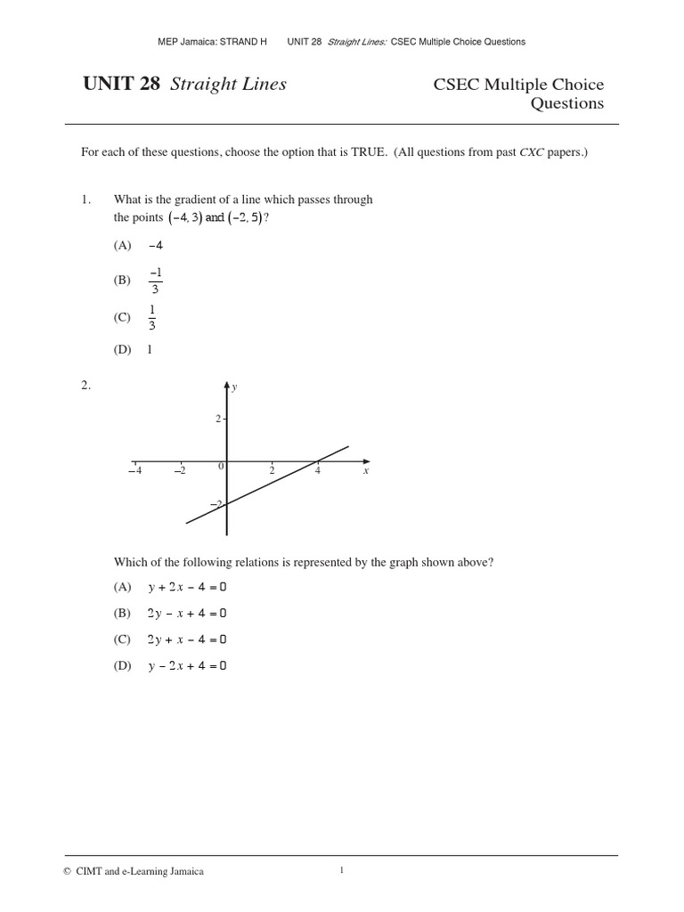 UNIT 28 Straight Lines: CSEC Multiple Choice Questions | PDF ...