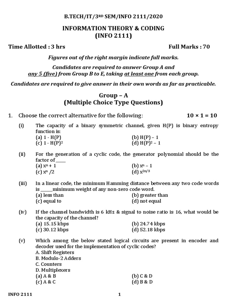 Information Theory & Coding (INFO 2111) : Time Allotted: 3 Hrs Full ...