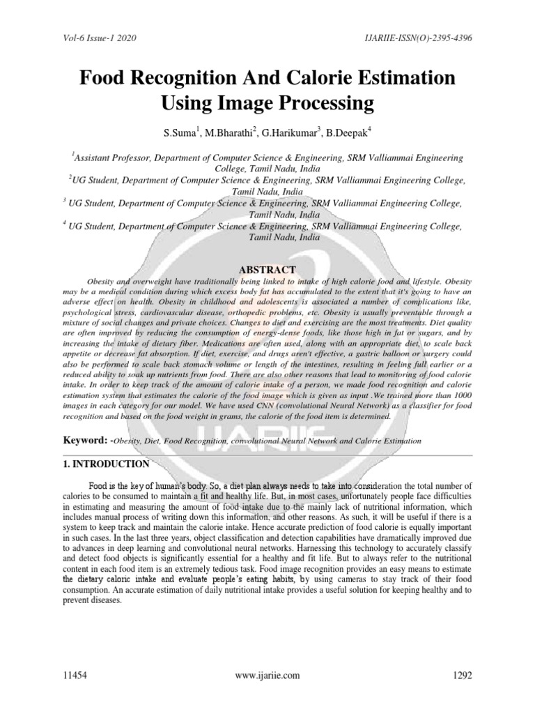 Food Recognition and Calorie Estimation Using Image Processing | PDF | Obesity | Artificial ...