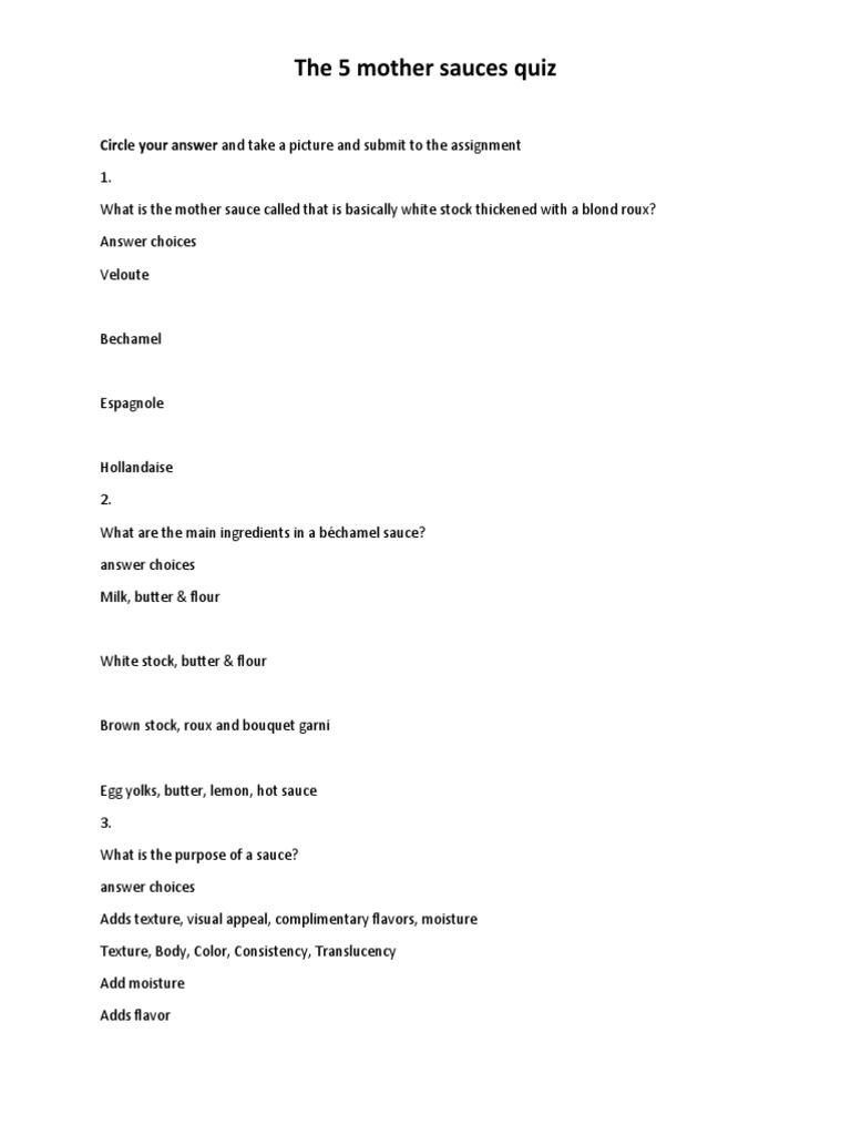 The 5 Mother Sauces Quiz Explained | PDF | Sauce | Stock (Food)