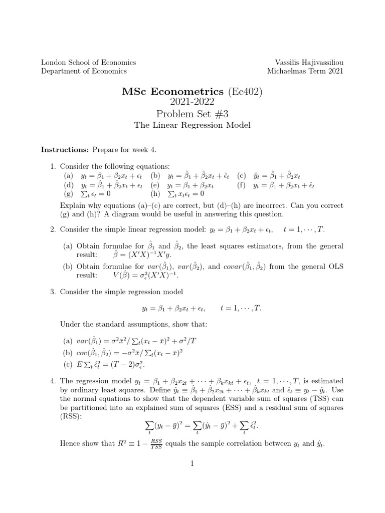MSC Econometrics (Ec402) : 2021-2022 Problem Set #3 | PDF | Regression Analysis | Ordinary Least ...