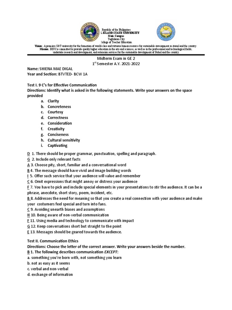 Midterm Exam: Effective Communication | PDF | Communication | Integrity
