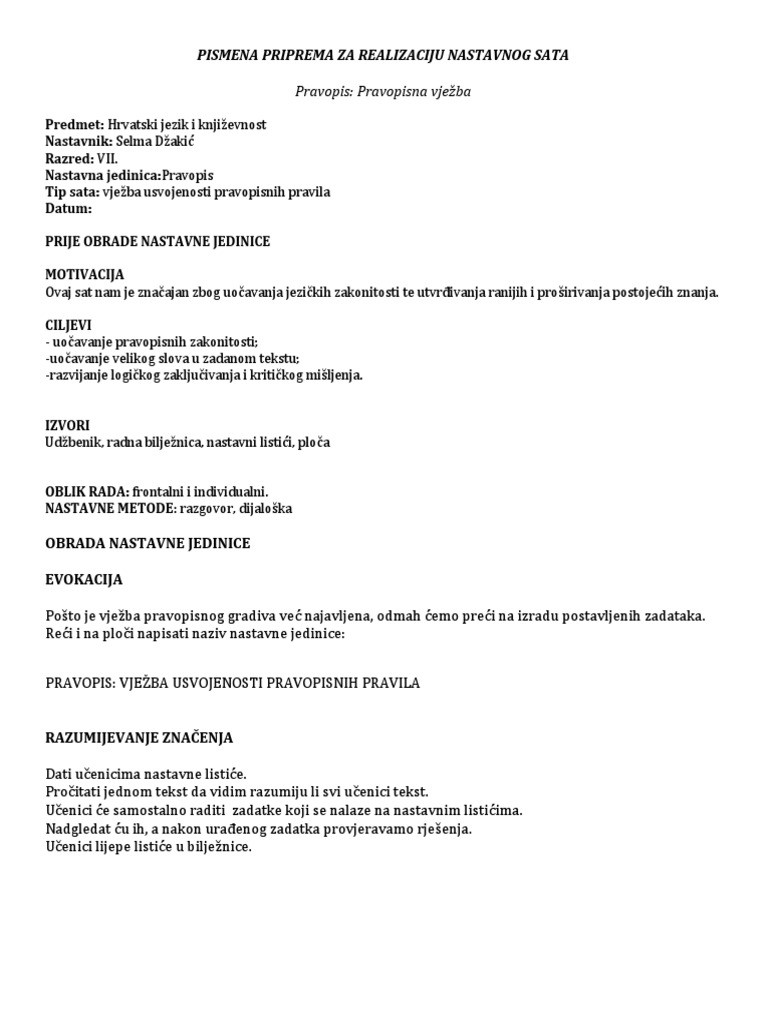Priprema - Pravopisna Vjezba 7. Razred | PDF