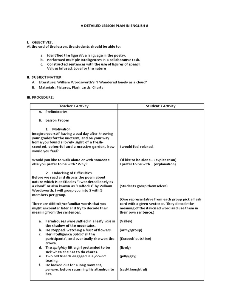 I Wandered Lonely As A Cloud Lesson Plan | PDF