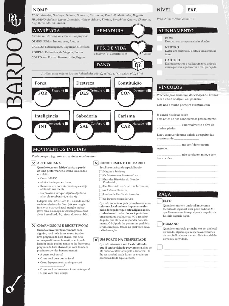 Dungeon World - Ficha Bardo | PDF