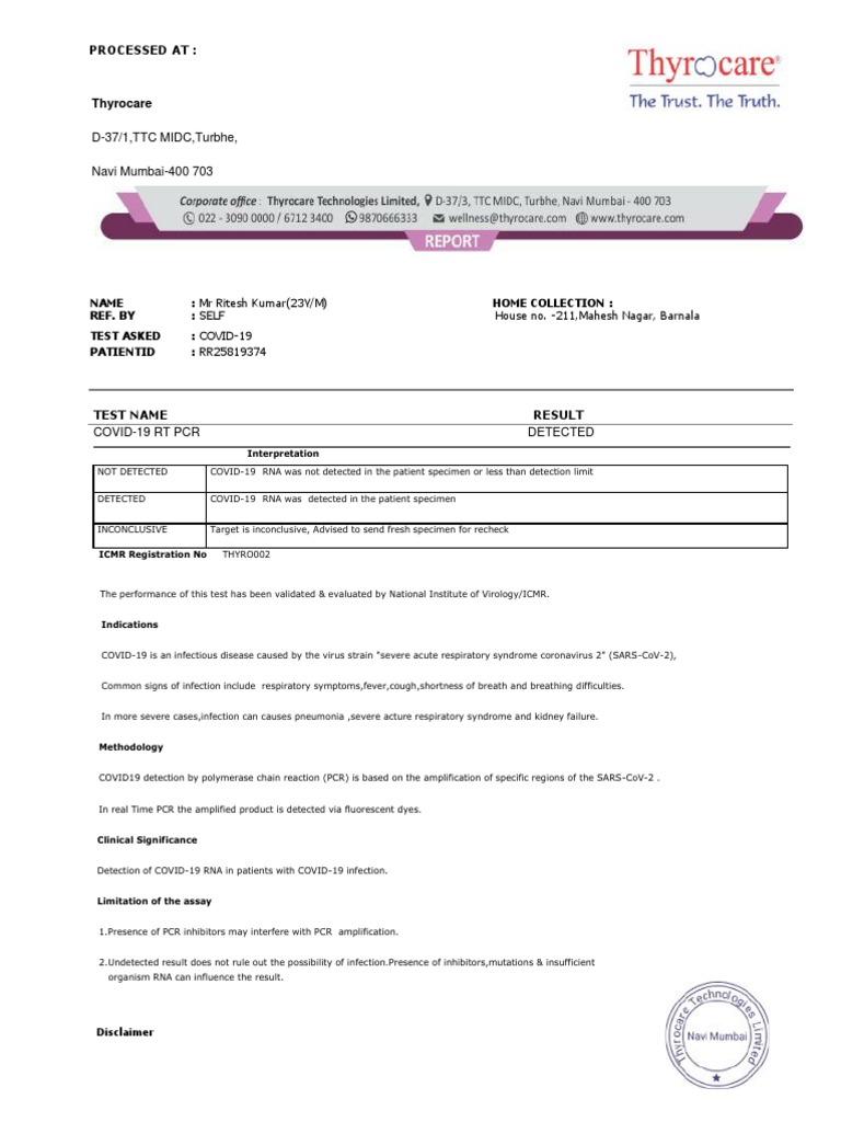 RTPCR 220120 Thyrocare | PDF | Polymerase Chain Reaction | Infection