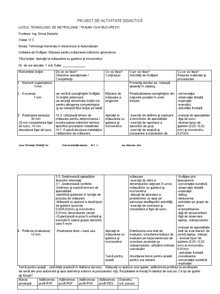 Proiect de Activitate Didactica. Masurarea Cu Sublerul Si ...