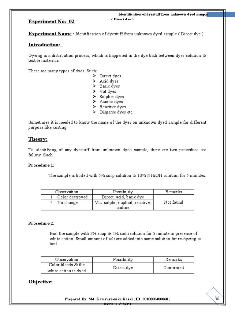 Experiment No: 02 Experiment Name:: Identification of Dyestuff From ...