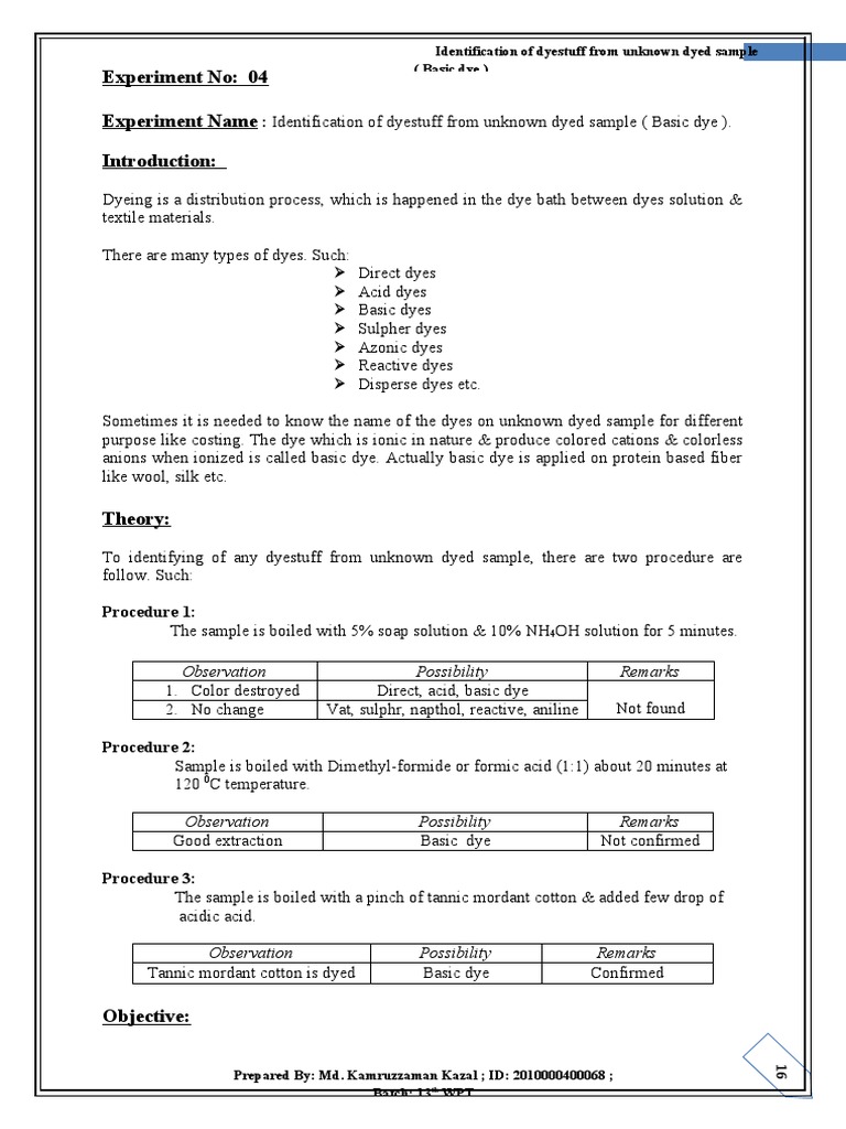 Identification of Dyestuff (Basic) | PDF | Dye | Dyeing