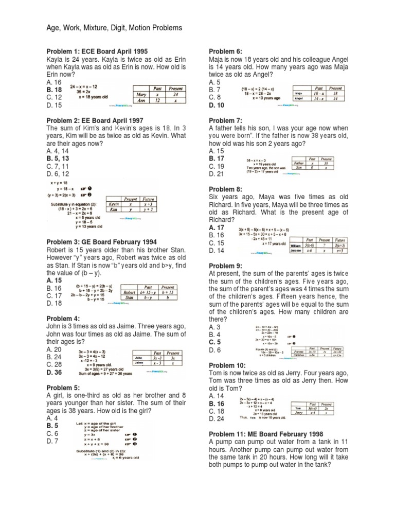 Age, Work, Mixture, Digit, Motion Problems | PDF | Odds | Numbers